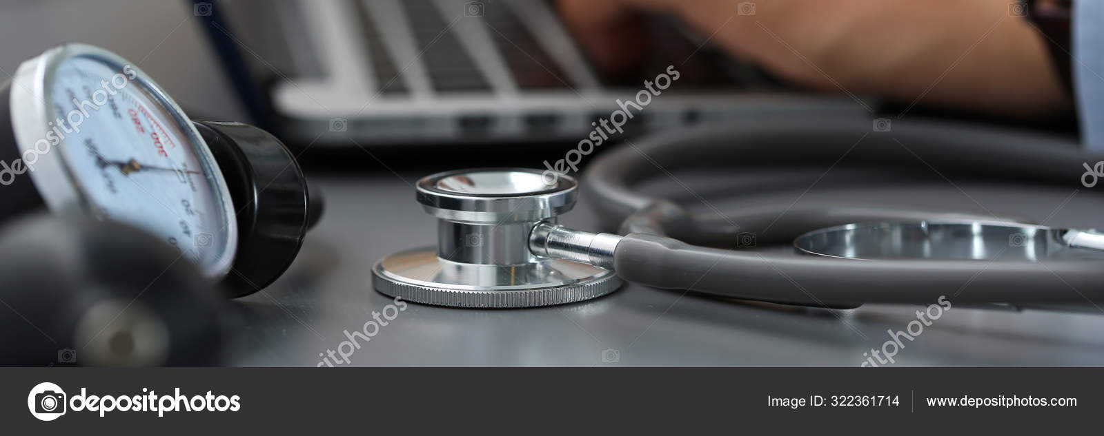 Stethoscope head and manometer lying on table closeup Stock Photo by ...