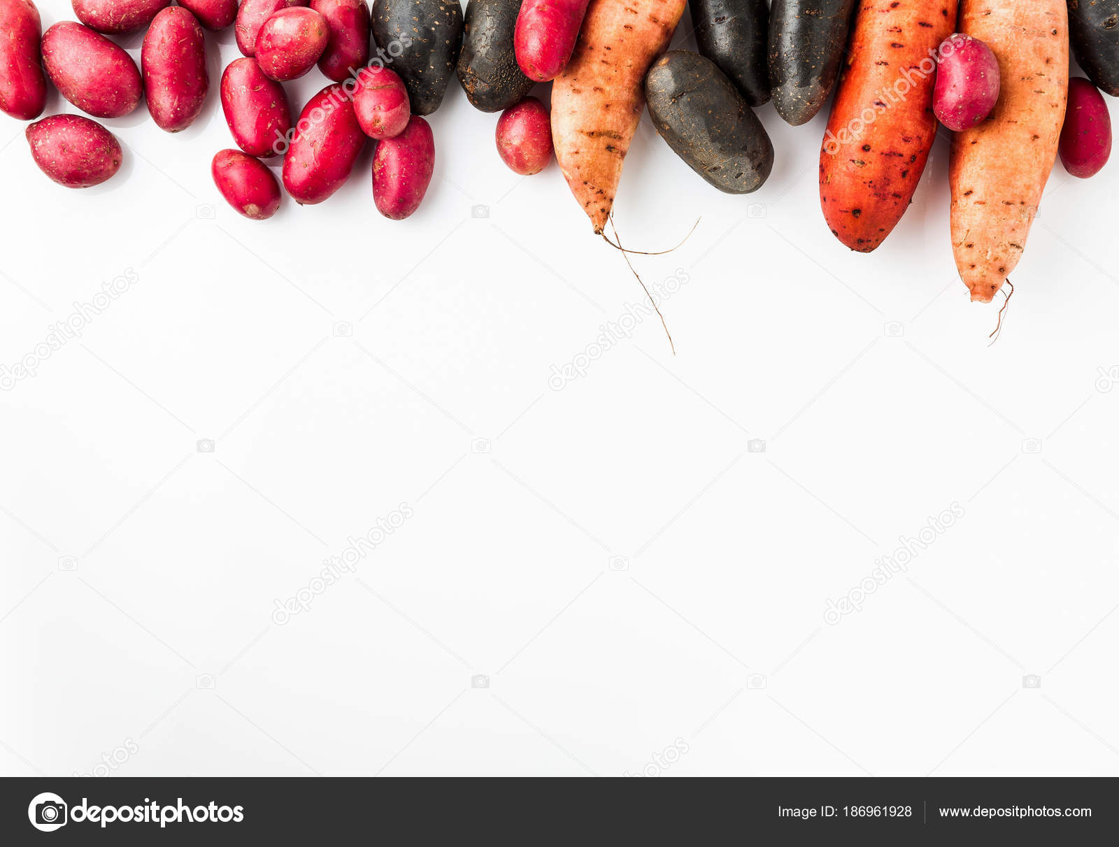 Different varieties in form and color of potatoes on a white is Stock ...