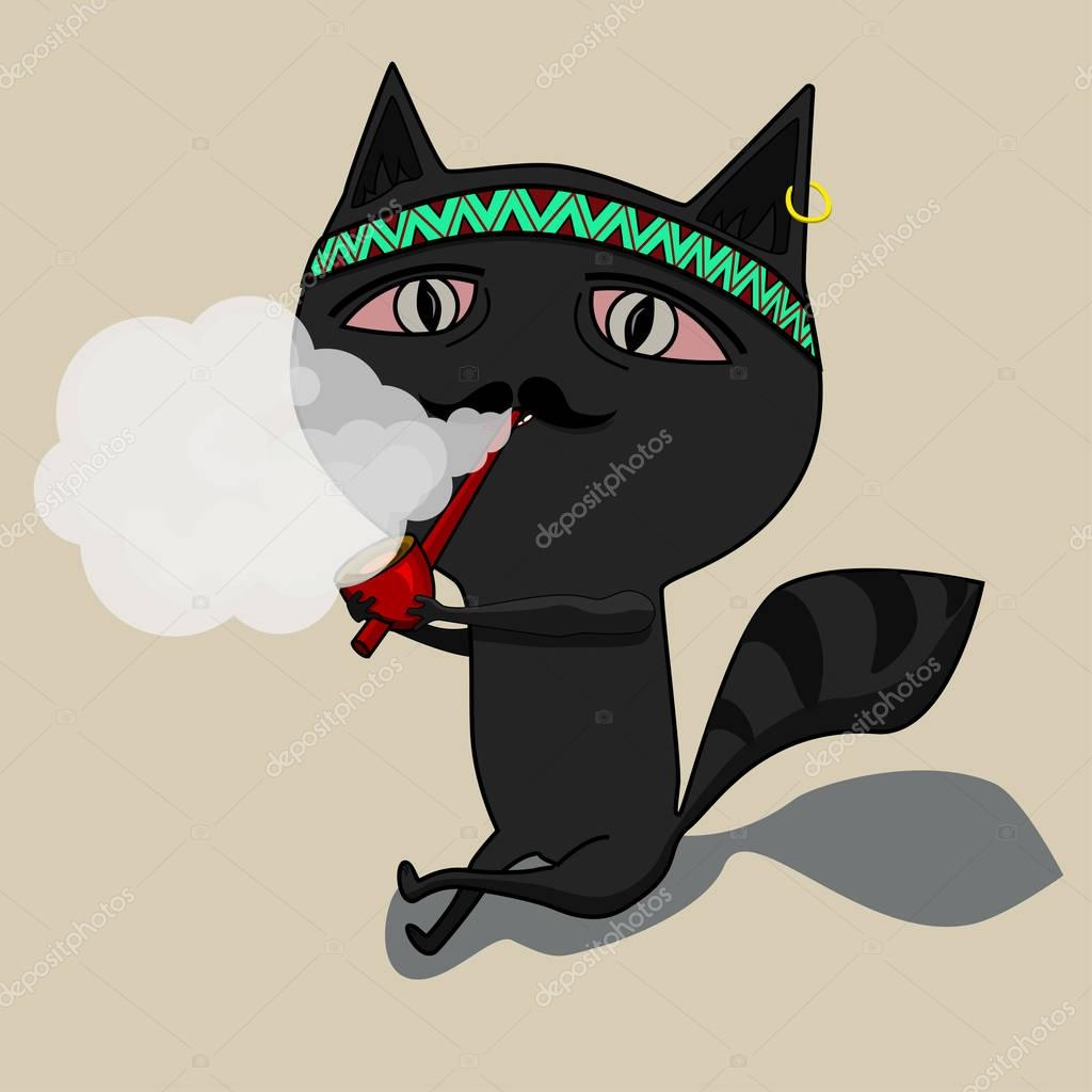 El gato limpia una pipa, chamán. Lindo gato de dibujos animados negro ...