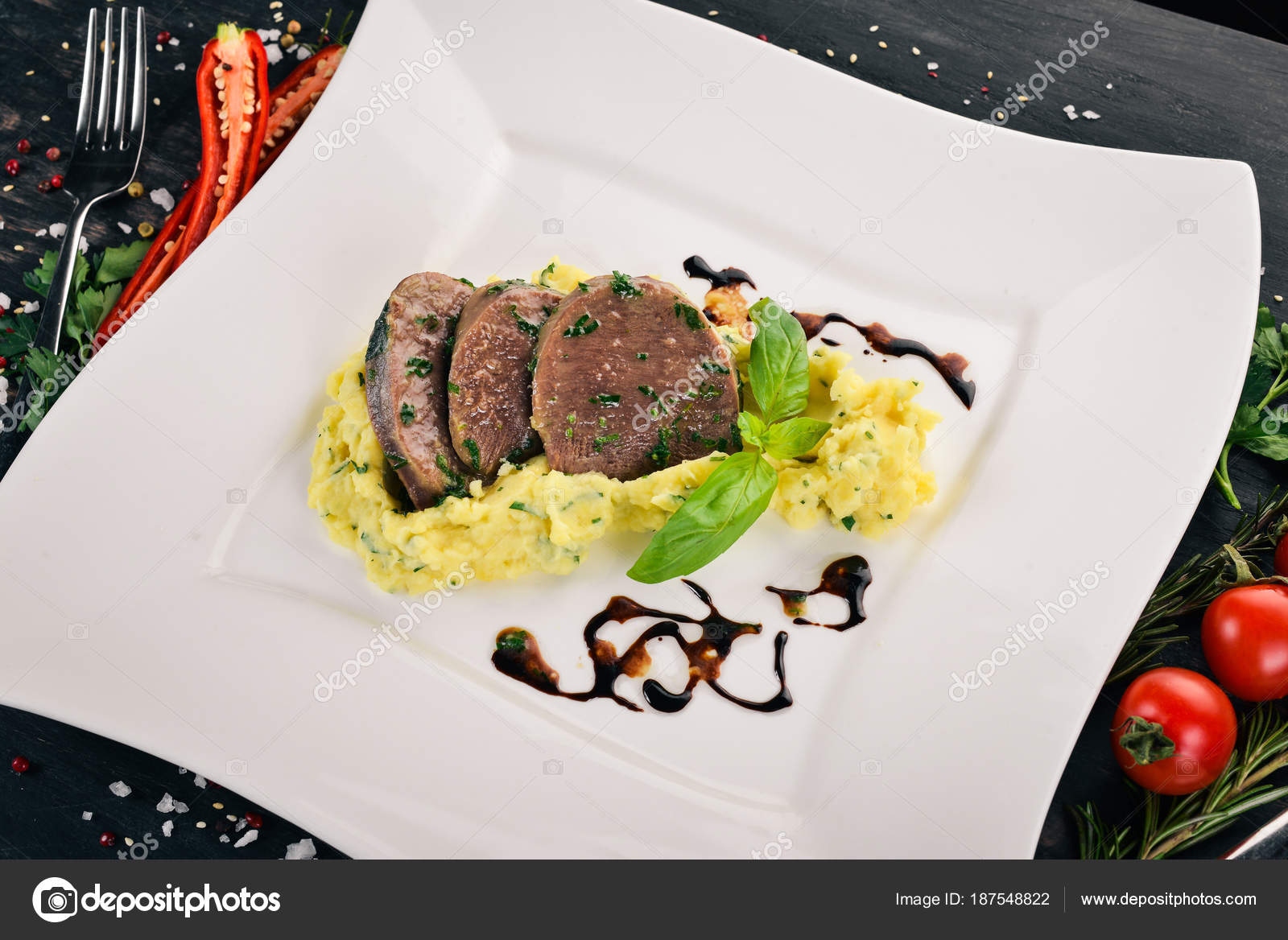 Boiled Veal Tongue Mashed Potatoes Plate Wooden Background Top View ...