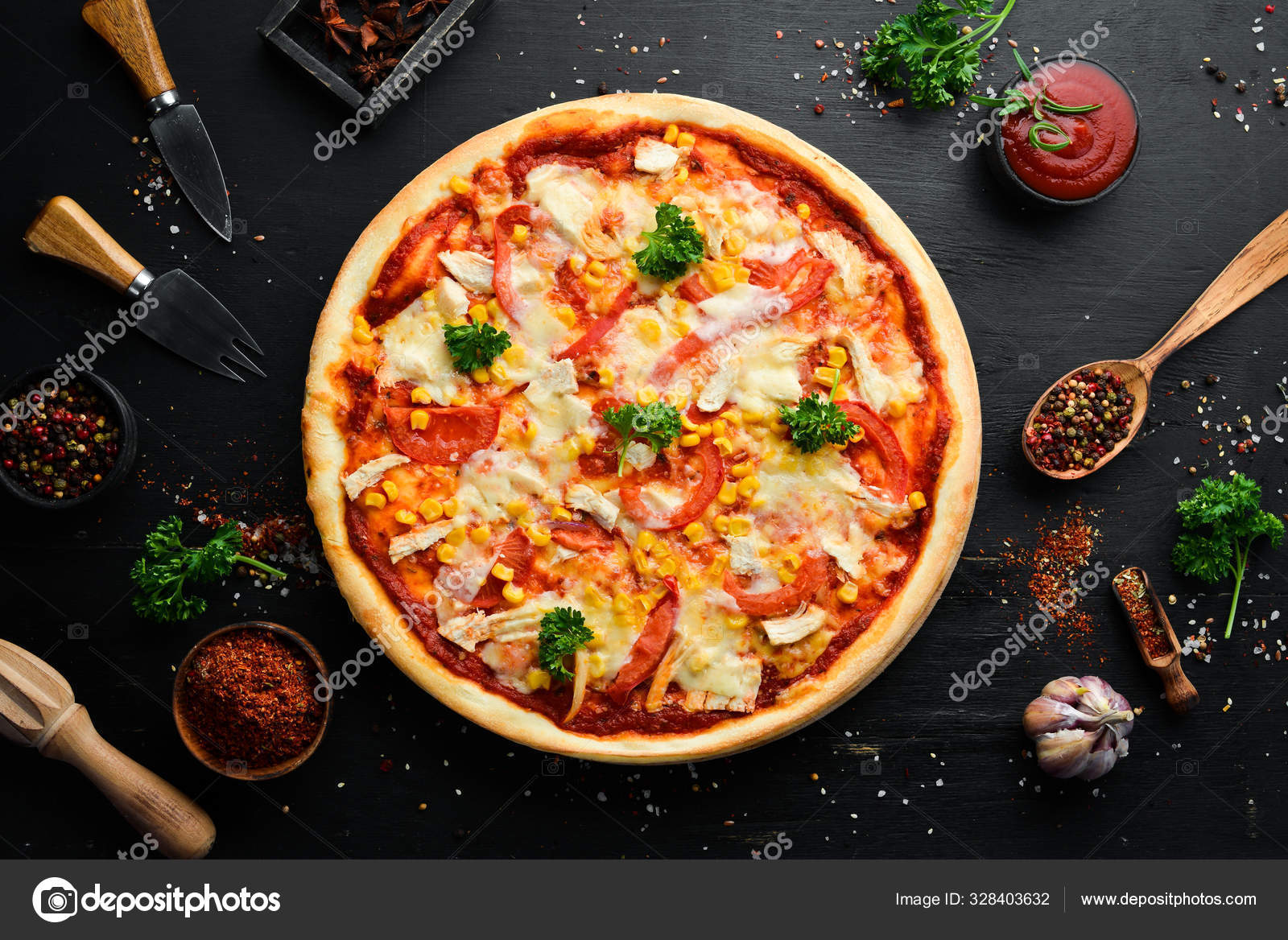 Homemade Pizza Chicken Tomatoes Corn Top View Free Space Your Stock ...