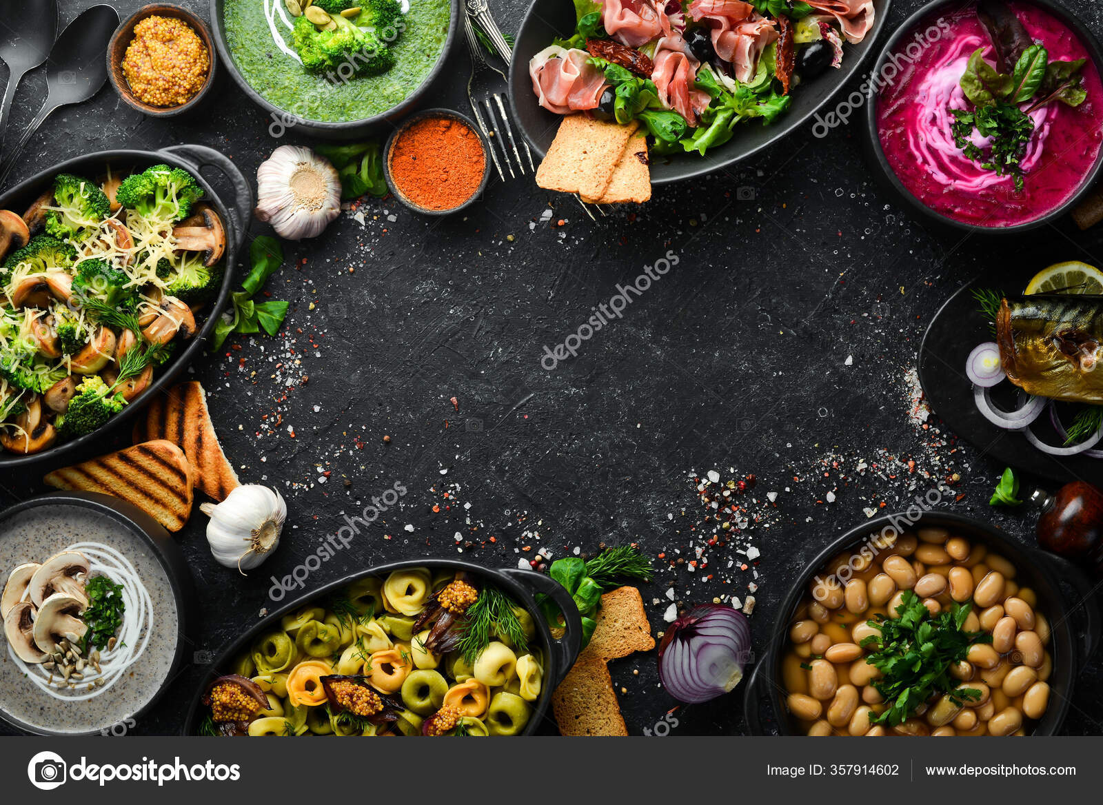 Restaurant Menu Set Food Dishes Black Stone Background Top View Stock ...