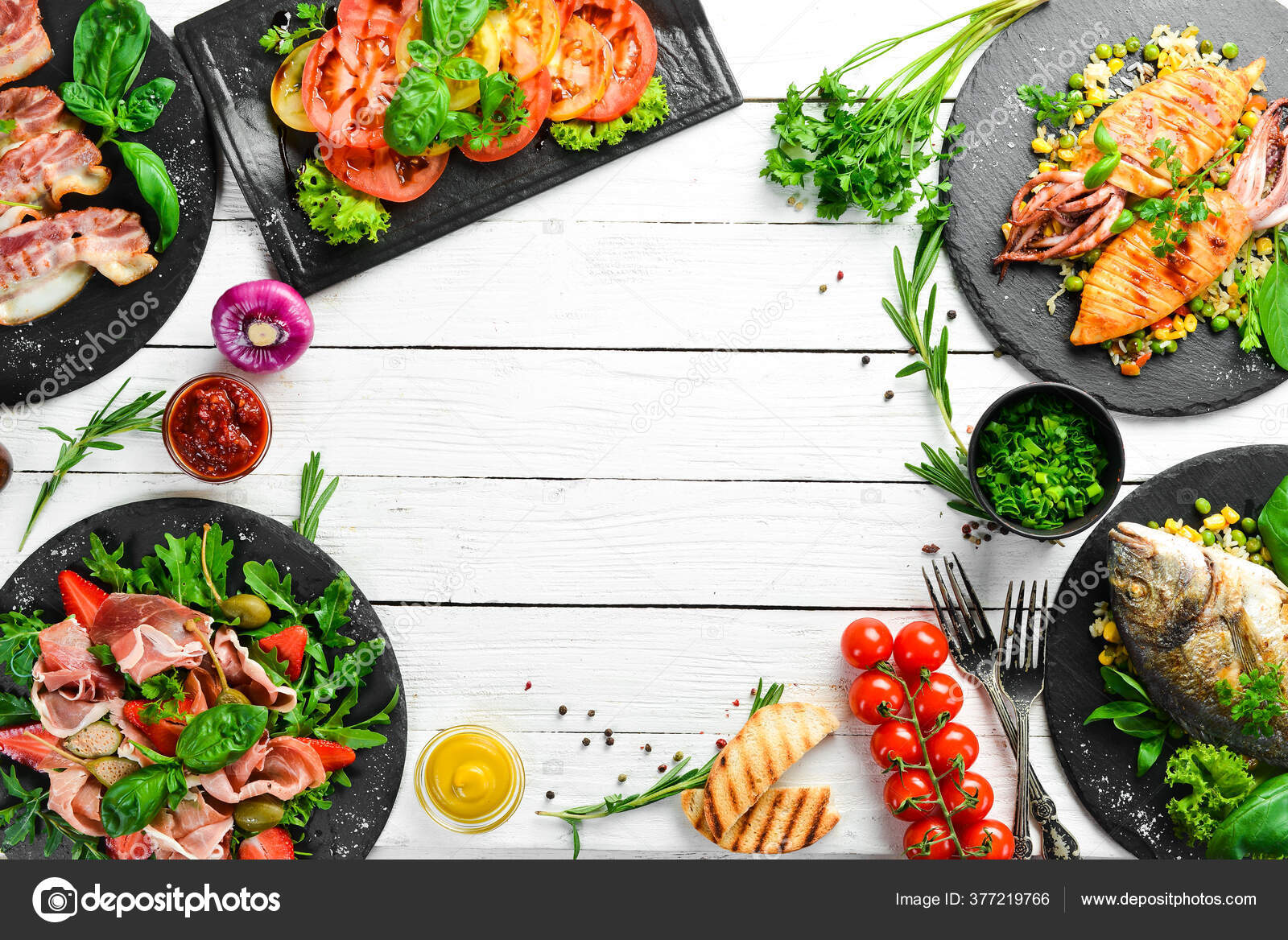 Food Set Dishes White Table Food Background Top View Free — Stock Photo ...