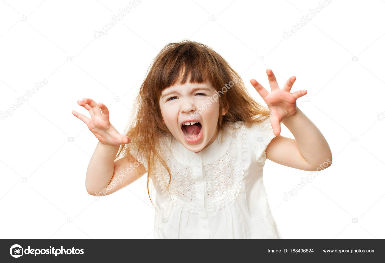 Girl 4-5 years old scares and screams on white background Stock Photo ...