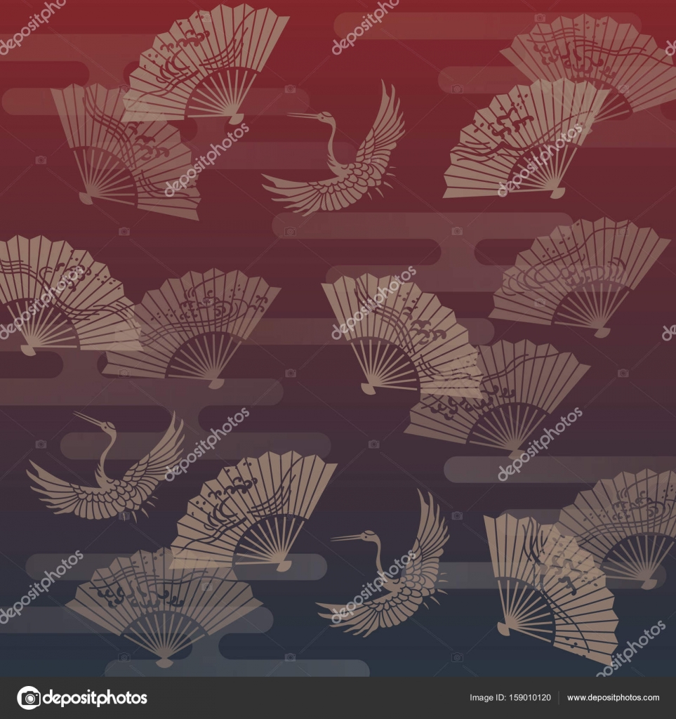 Hand fan and crane Japanese traditional pattern illustration Stock ...