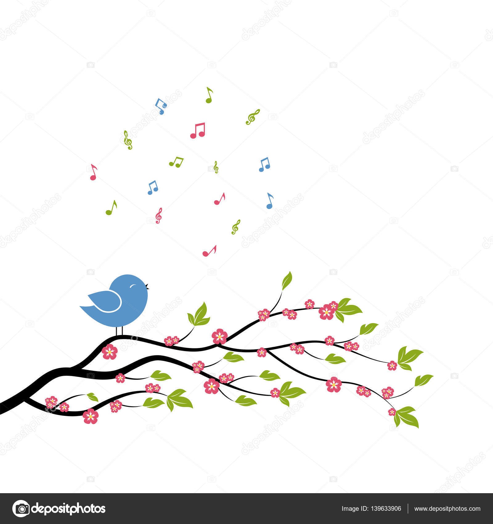 Spring bird on tree singing song from the musical notes. Stock Vector ...