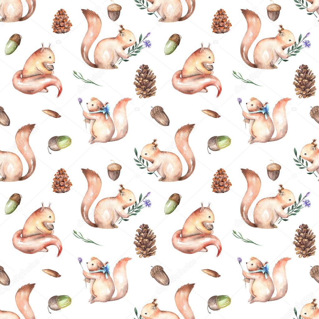 Patr n sin costuras con ardillas de acuarela, conos de abeto y bellotas de roble 2024
