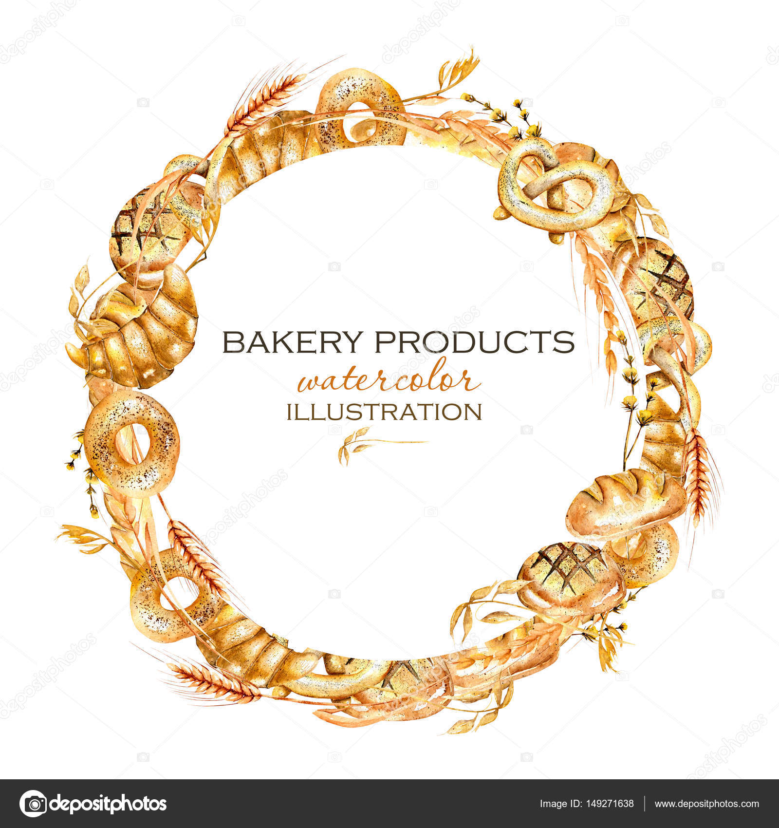 Wreath, circle frame border with bakery products (bagel, loaf, French ...