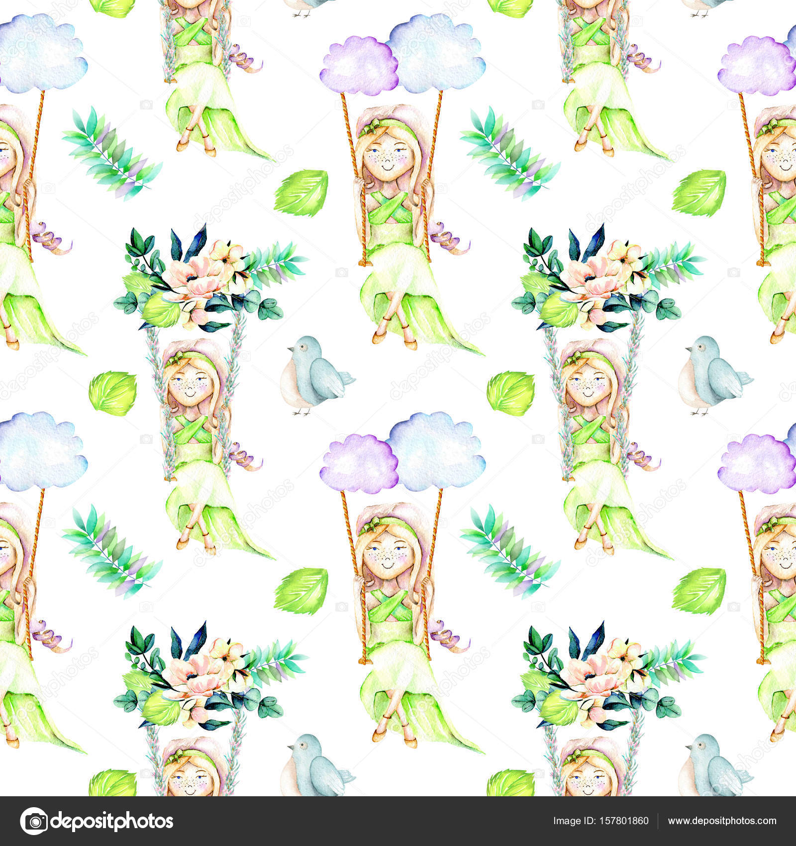 Seamless pattern with watercolor Girl swinging on a swing from clouds ...