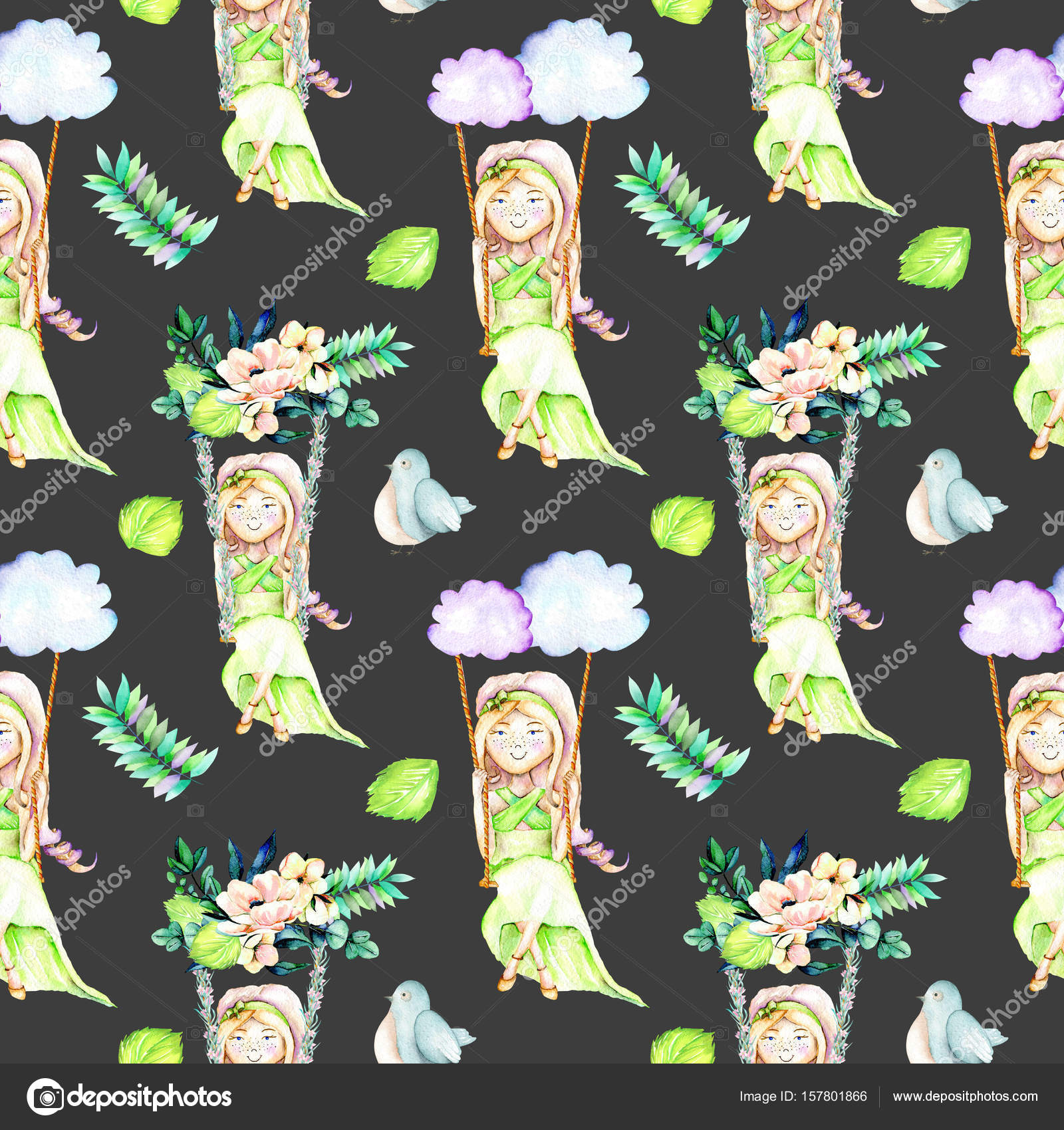 Seamless pattern with watercolor Girl swinging on a swing from clouds ...