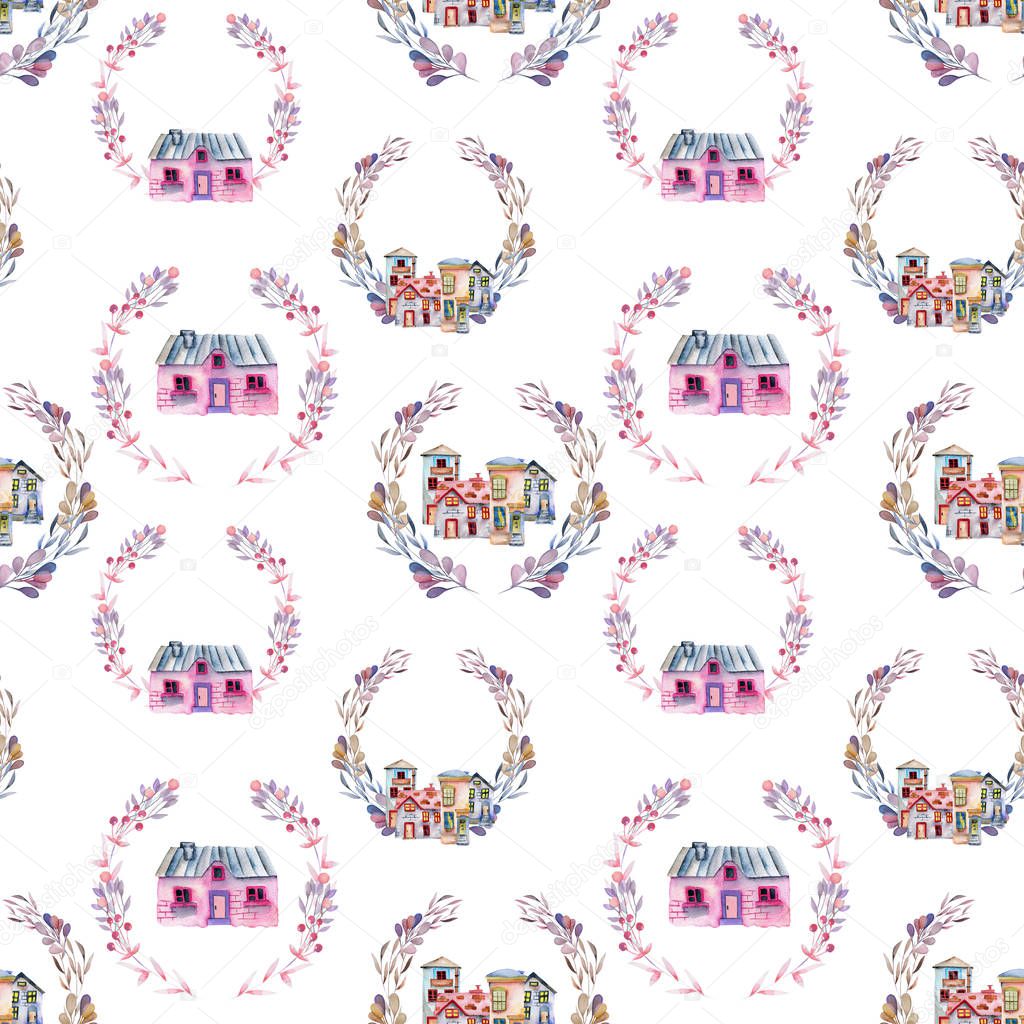 Patr n sin costuras con casas de dibujos animados de acuarela dentro de las coronas florales en ...