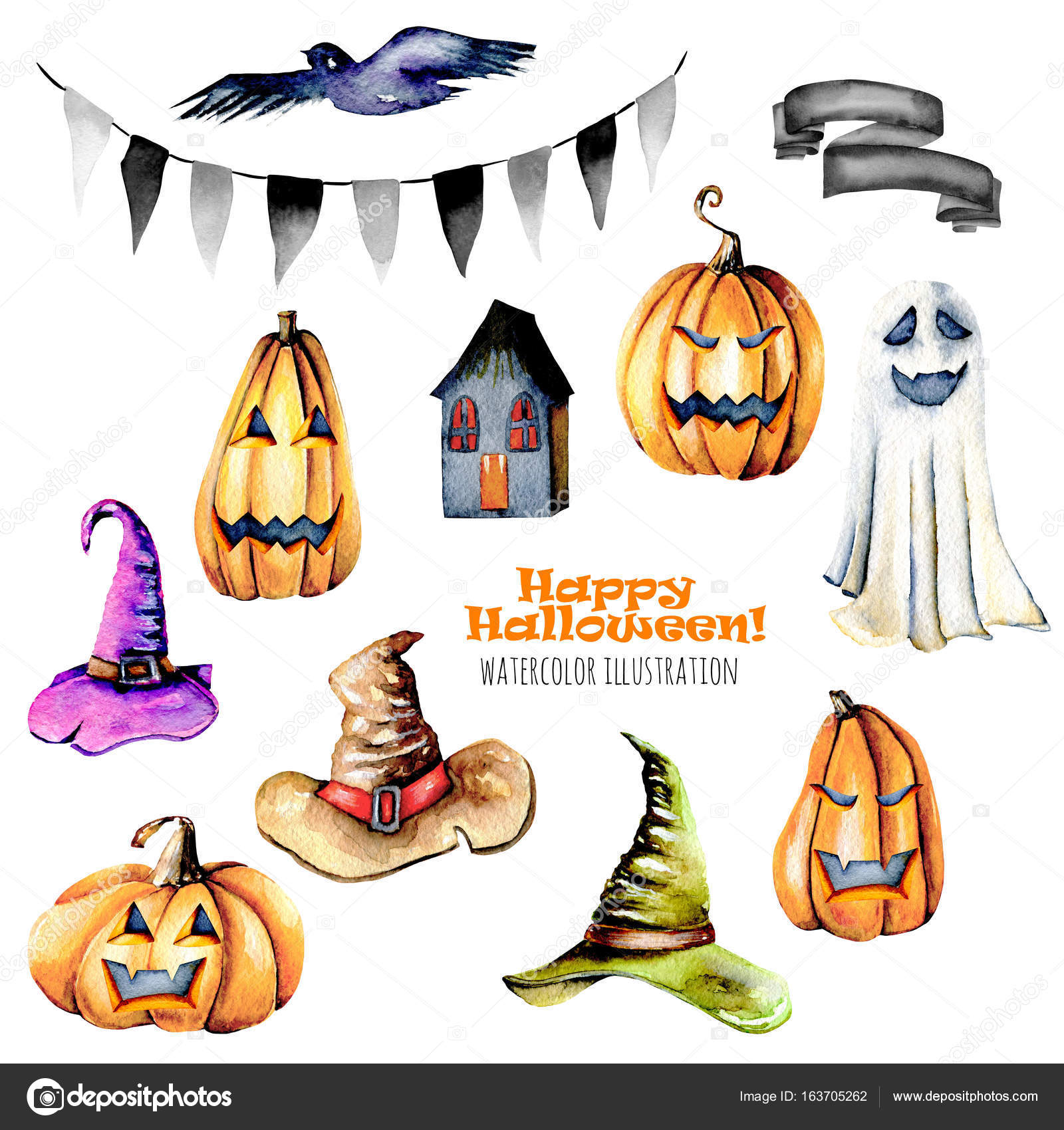 Set of watercolor Halloween objects (pumpkins and old hats, spooks ...