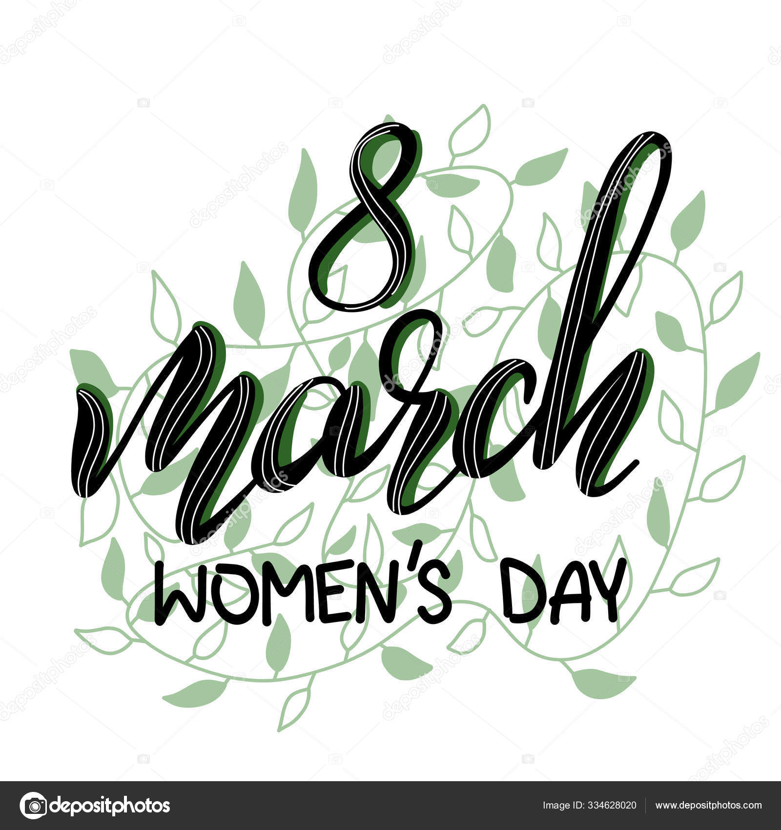 March Women's Day Lettering Template Written Cursive Font Green Leaves ...