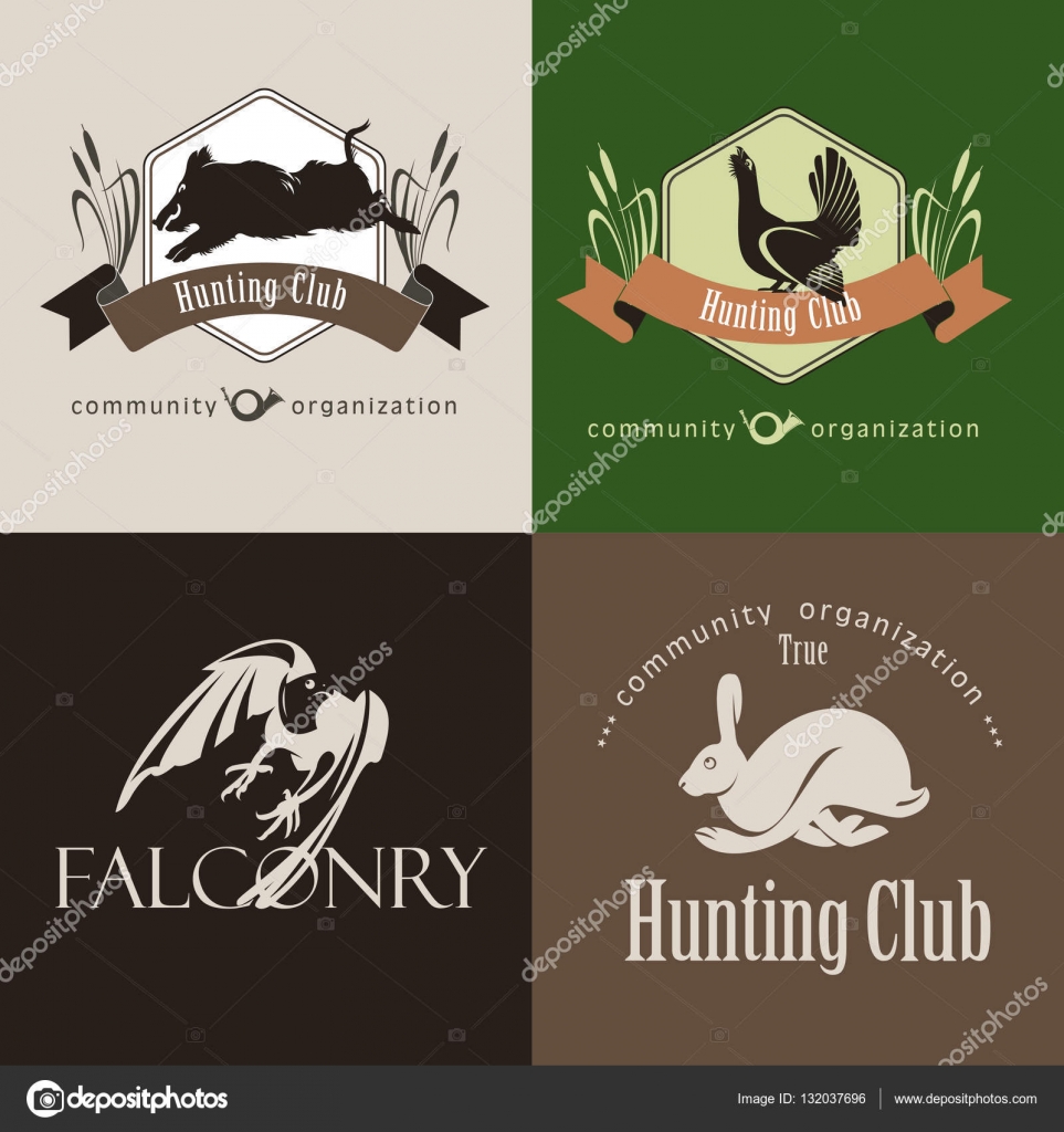 A set of logos, emblems hunting club. Wild boar, hare, capercaillie ...