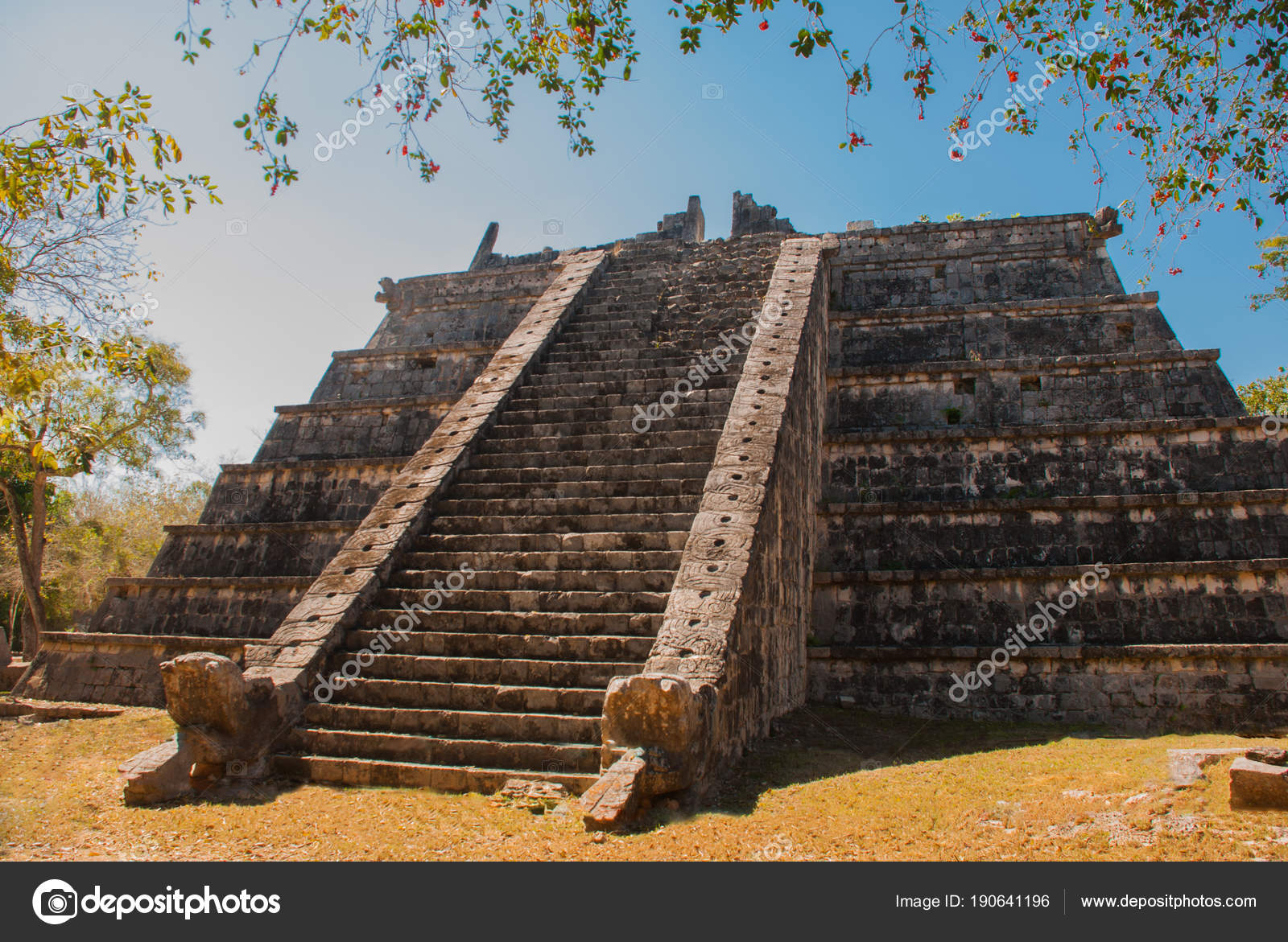 Ancient Mayan pyramid with steps. The old ruined city of the Maya ...