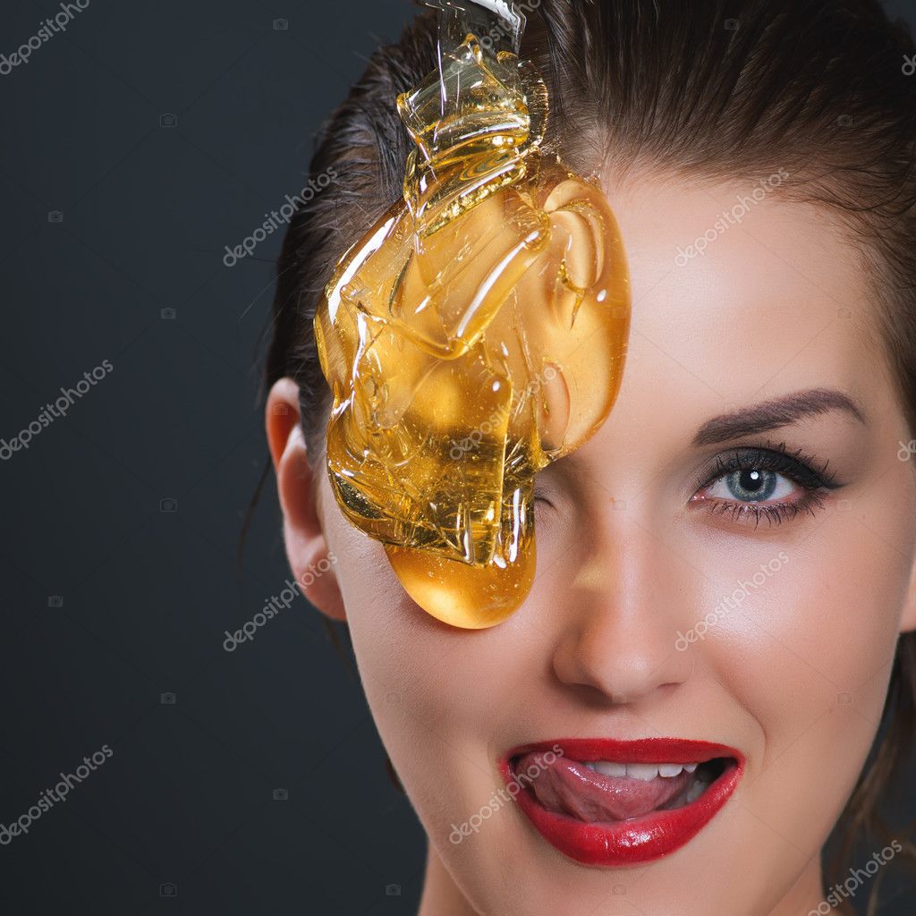 Concept sugaring epilation skin care with liquid sugar near face ... Concept sugaring epilation skin care with liquid sugar near face ...