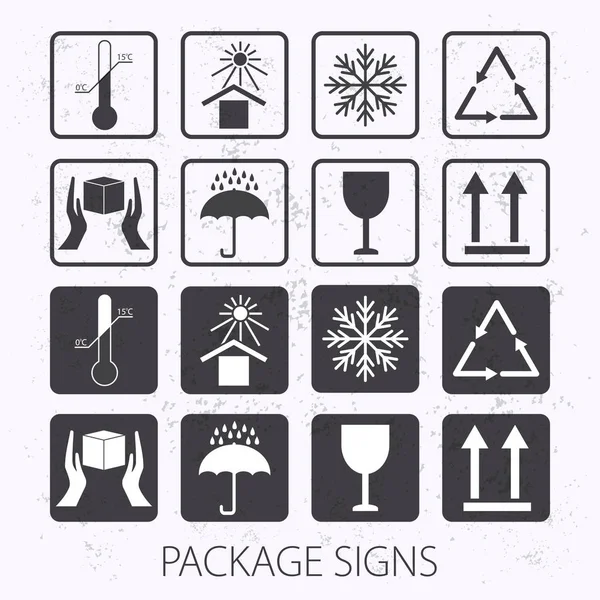 Vector packaging symbols on vector wooden background. Icon set including fragile, this side up ...