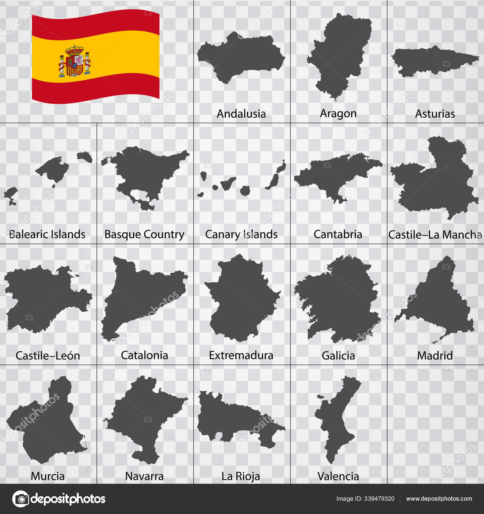 Dezessete Mapas Comunidades autônomas da Espanha - ordem alfabética com ...