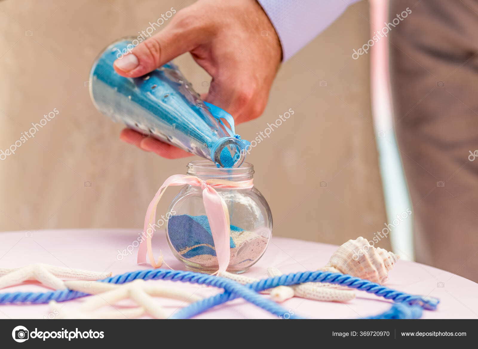 Bride Groom Pouring Colorful Different Colored Sands Crystal Vase Close ...