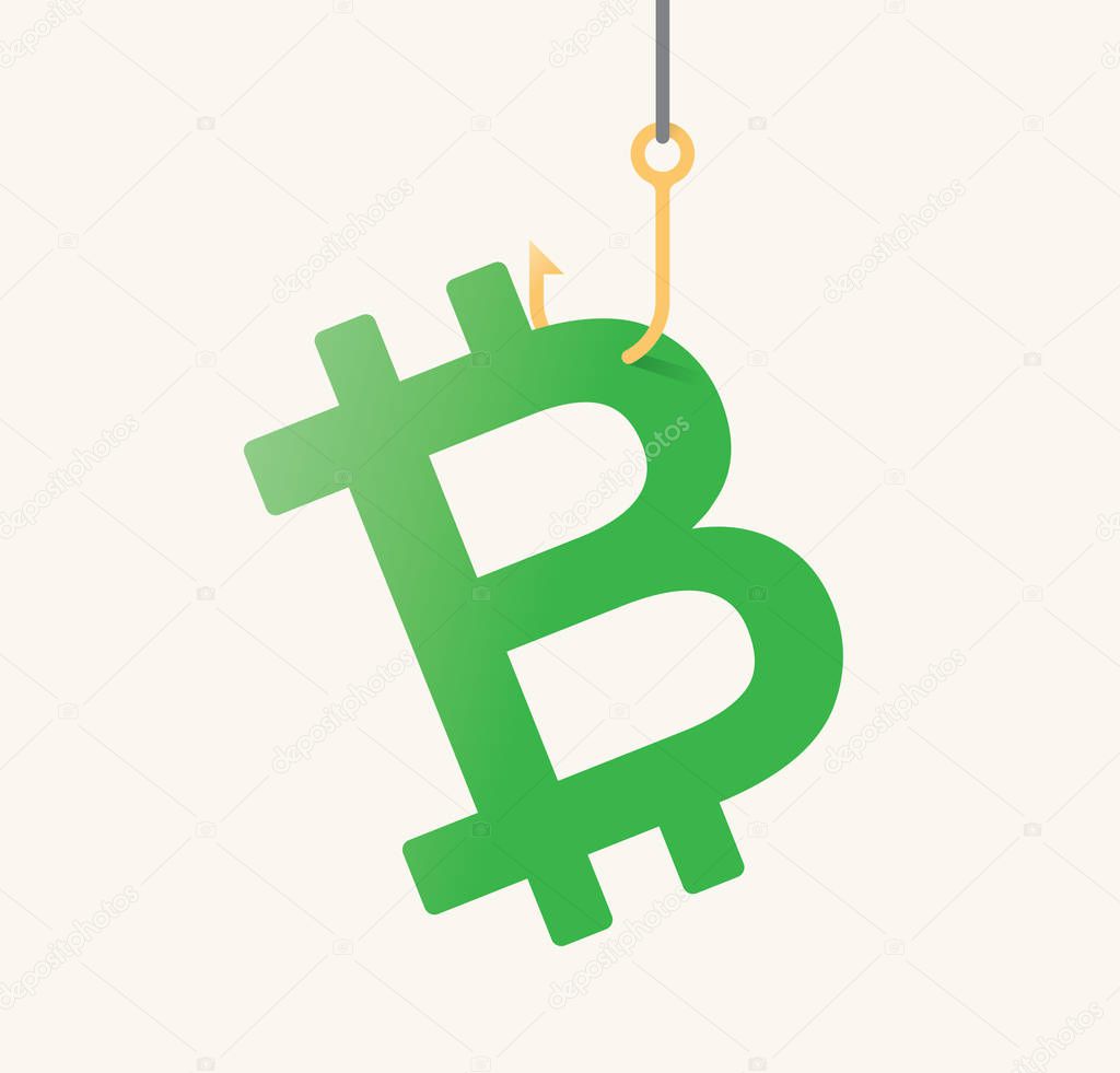 Ilustración vectorial del símbolo bitcoin en el anzuelo de pesca ...