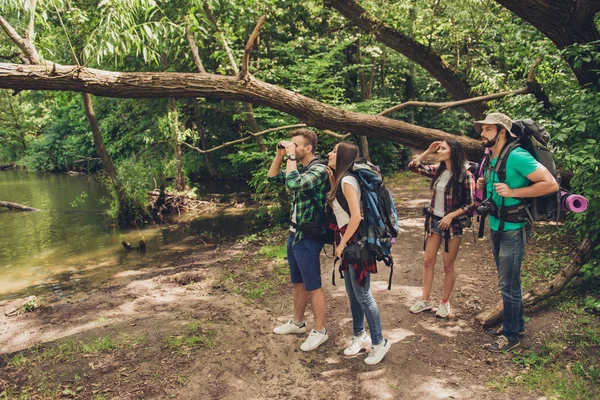 Rear view of two cheerful couples hiking, talking, having fun to ...