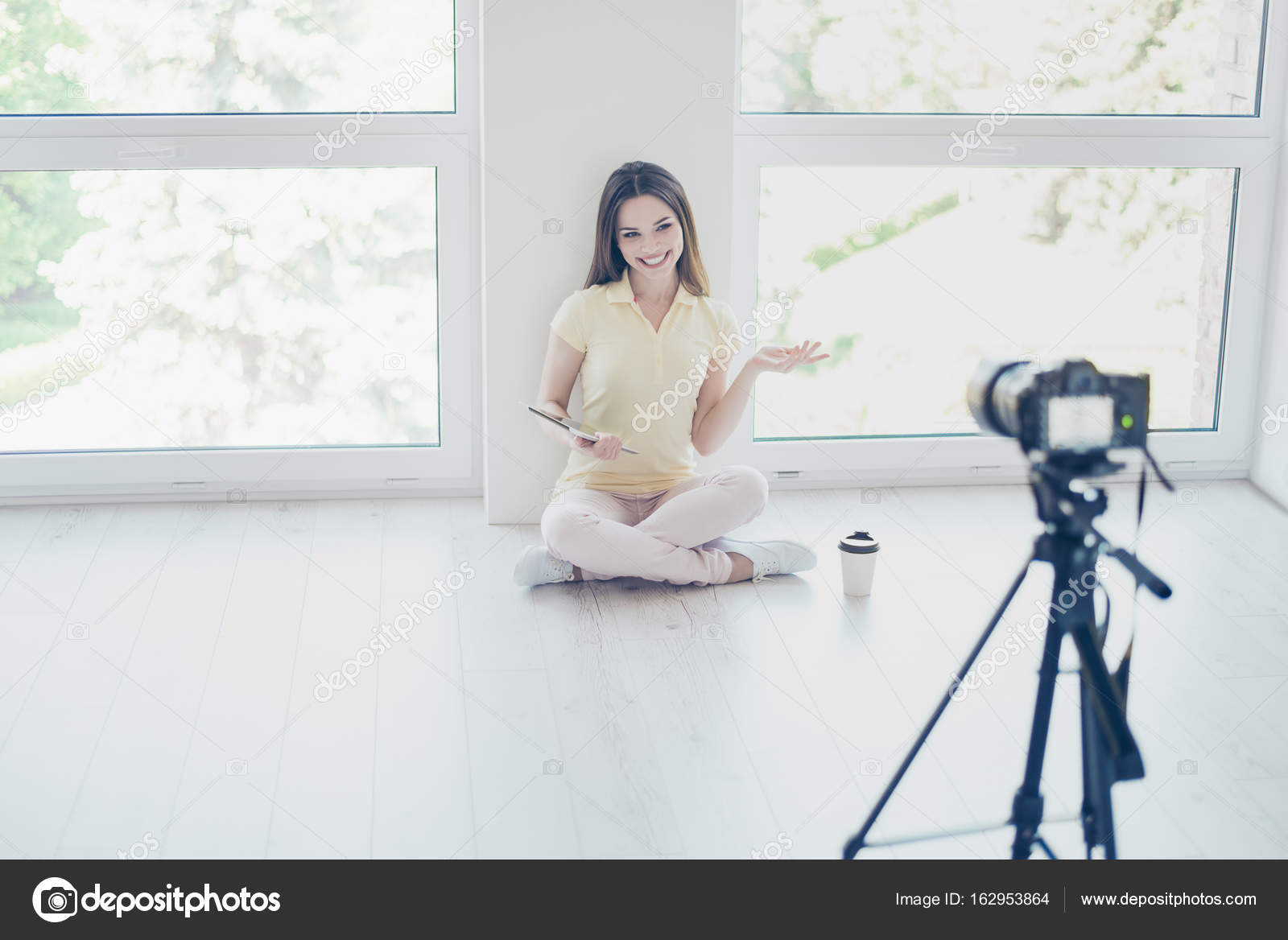 Video camera is recording pretty brunette girl blogger, talking — Stock ...