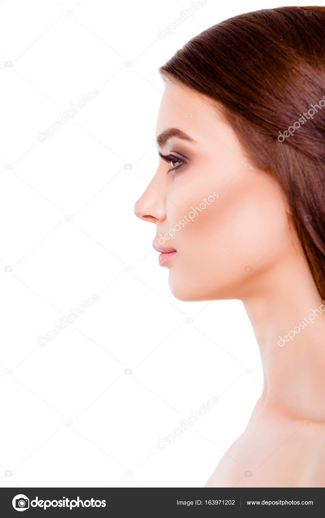 Close up cropped side profile portrait of young pretty lady with ...