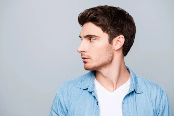 Half face side view profile with copy space of manly, harsh, bru Stock ...