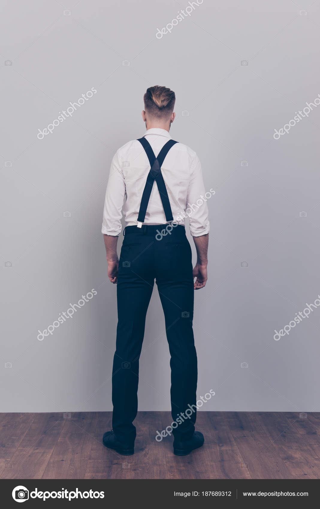 Vertical full-size full-length behind back rear view photo of ha ...