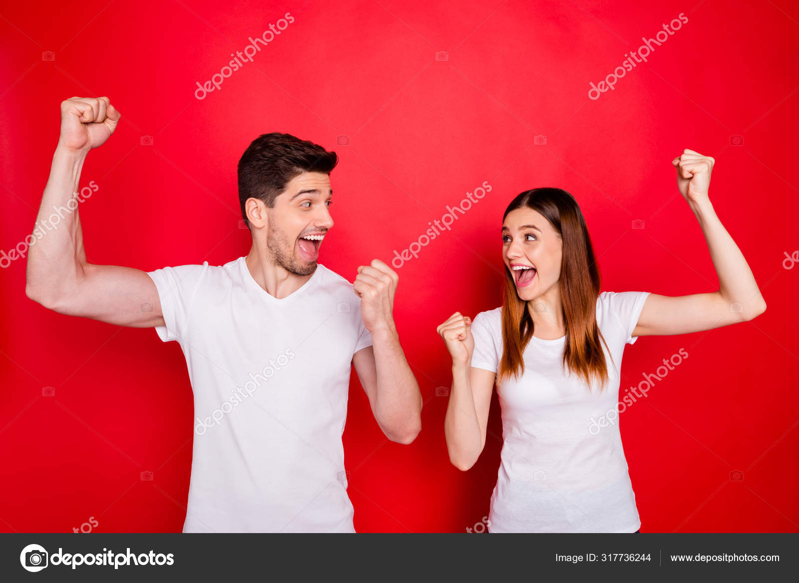 Photo of ecstatic overjoyed rejoicing students couple of people ...