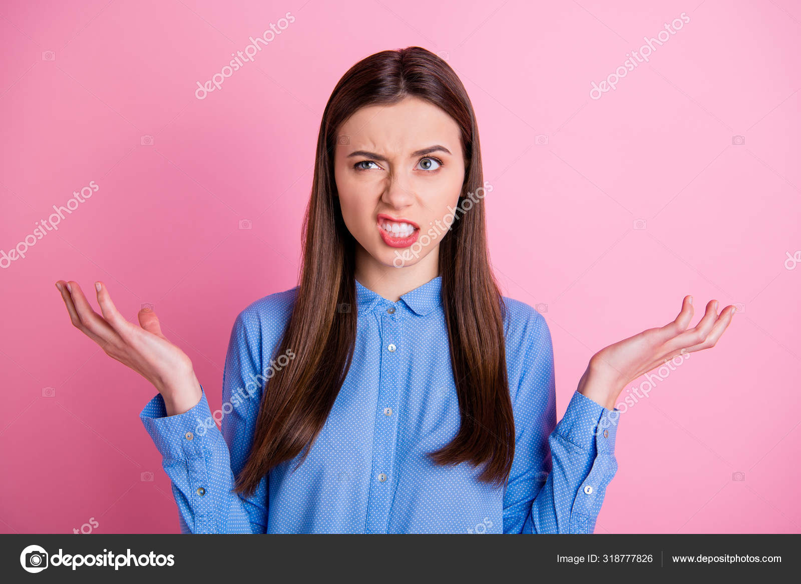 I hate you. Photo of evil lady raising arms very angry with irritating ...