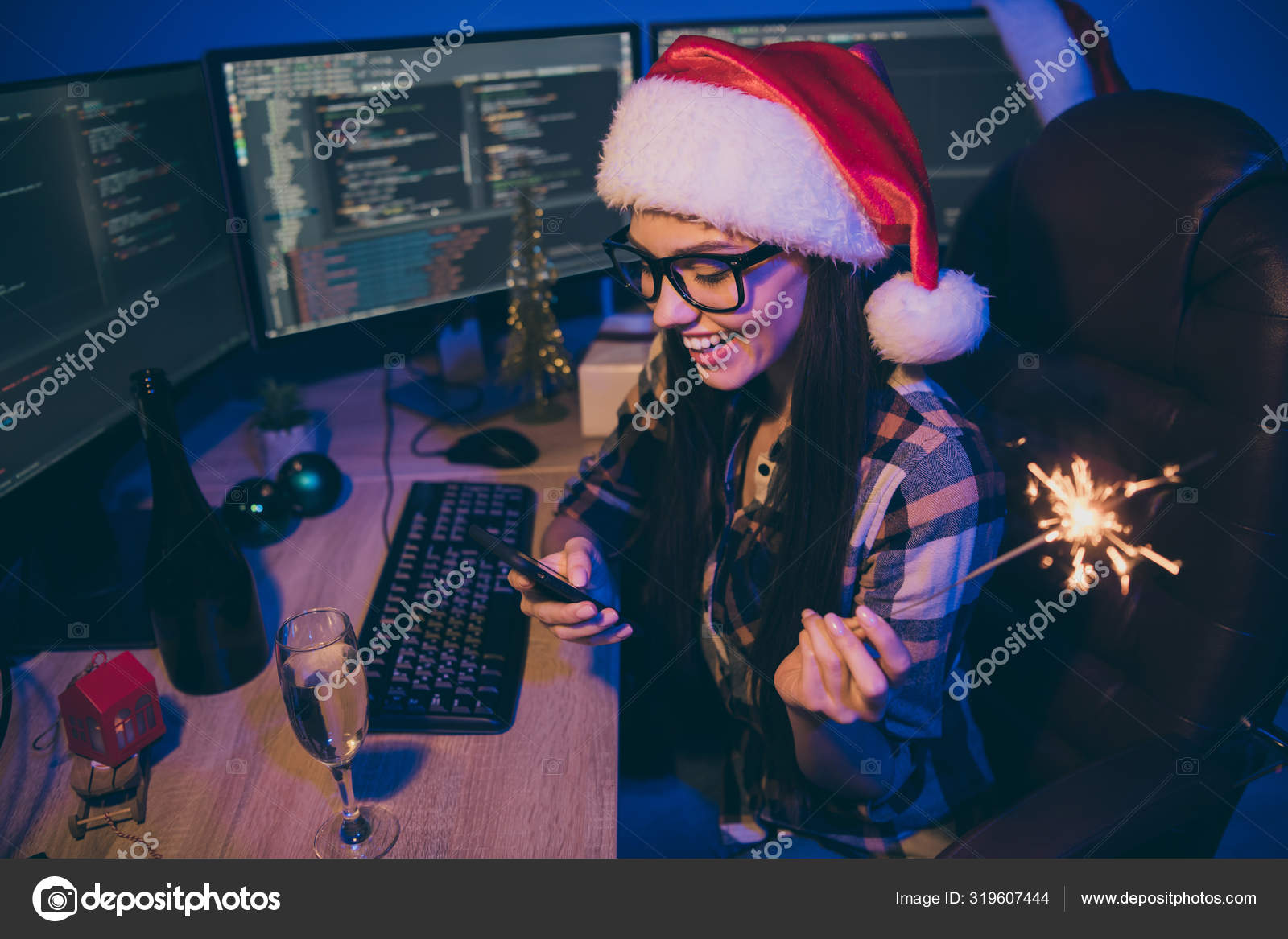 Photo of programmer workaholic lady work night meet newyear alone ...