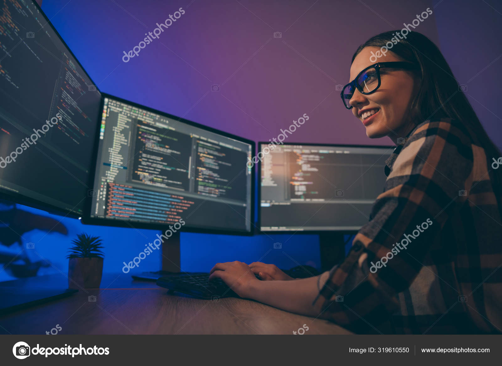 Low below angle view photo of cheerful woman finishing developing ...