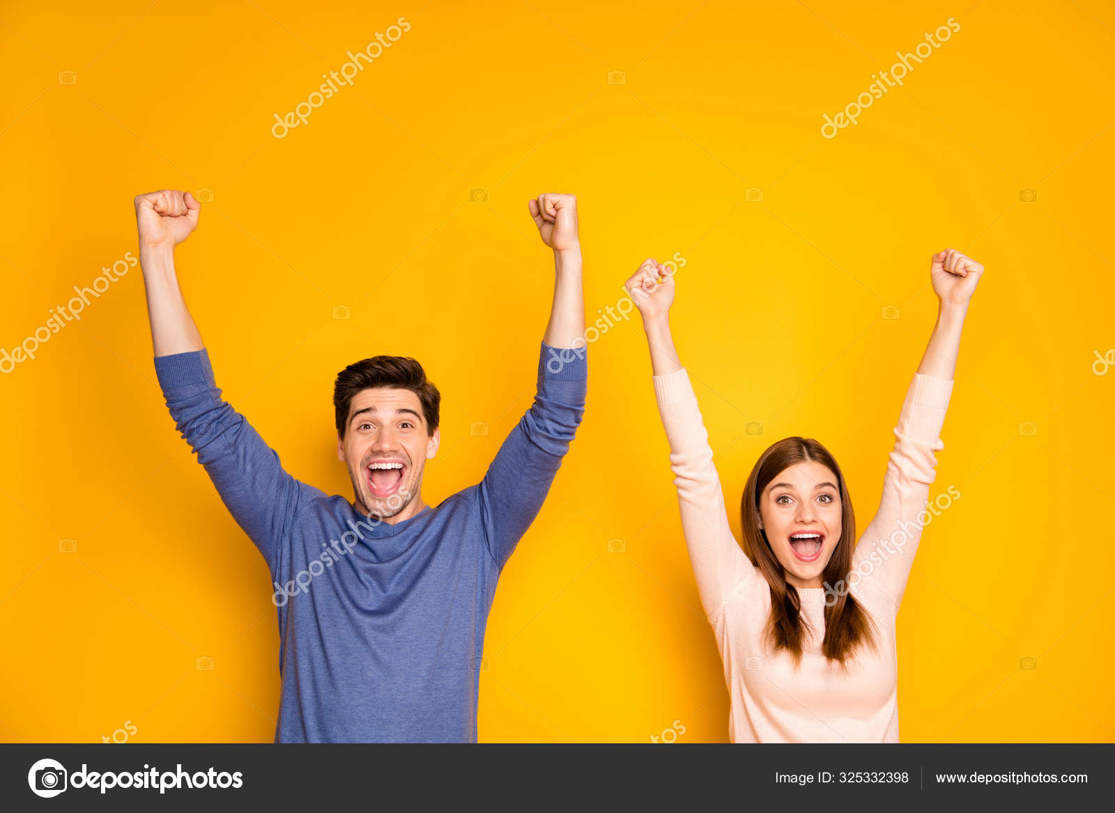 Portrait of funky ecstatic married couple feel rejoice emotion win ...