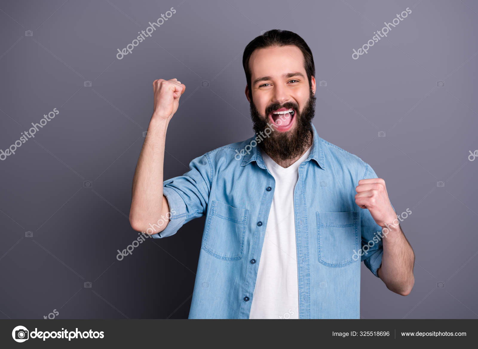 Portrait of ecstatic guy win lottery jackpot raise fists scream yeah ...