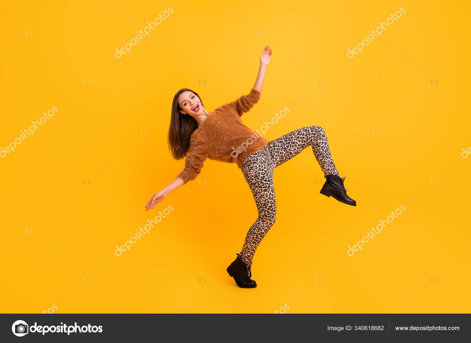 Full length profile photo of crazy lady raising leg high trend look ...