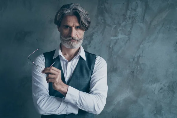 Portrait of gorgeous charismatic rich wealthy old man look good put ...