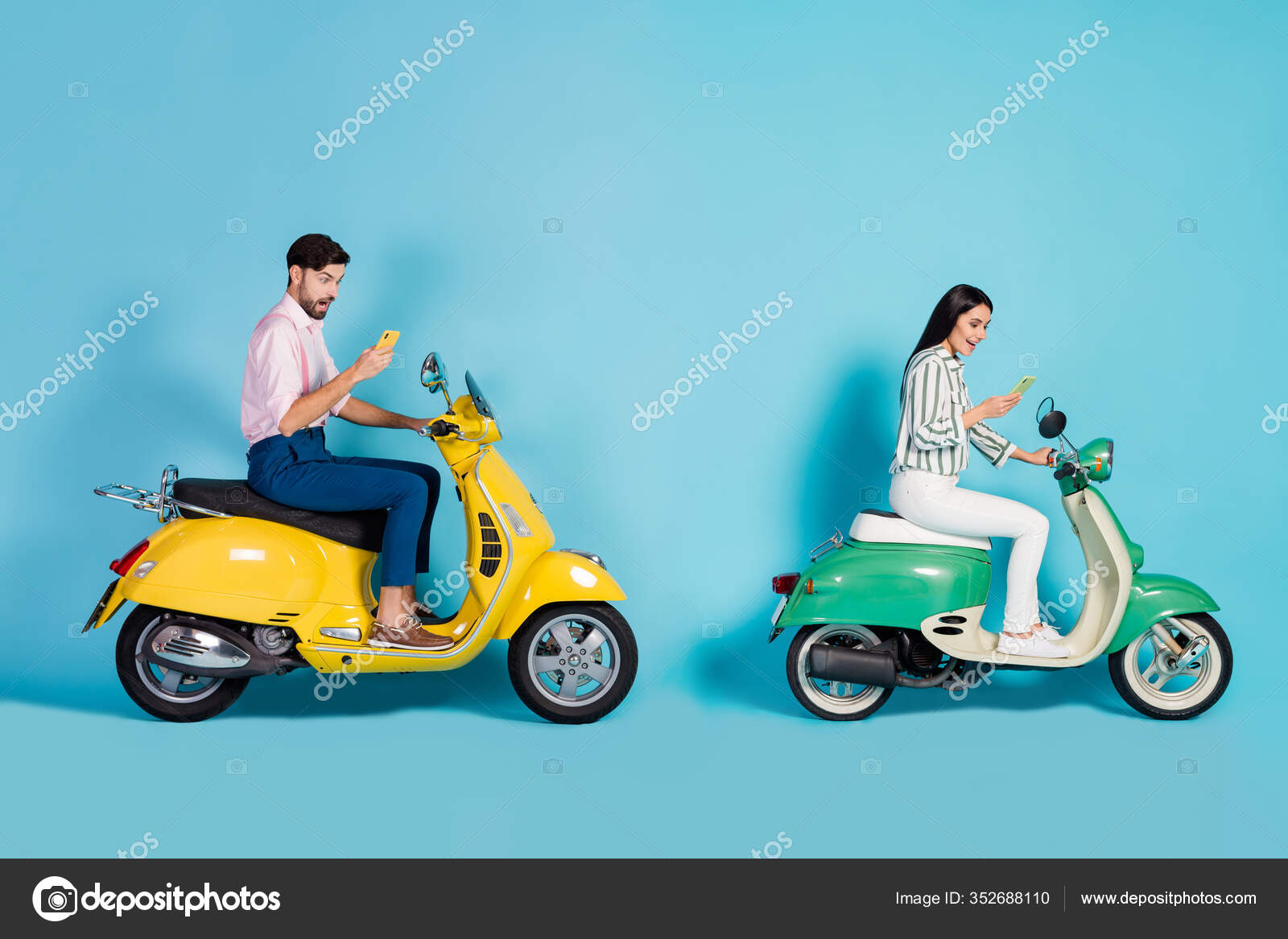 Full body profile side photo shocked crazy man woman drive yellow green ...