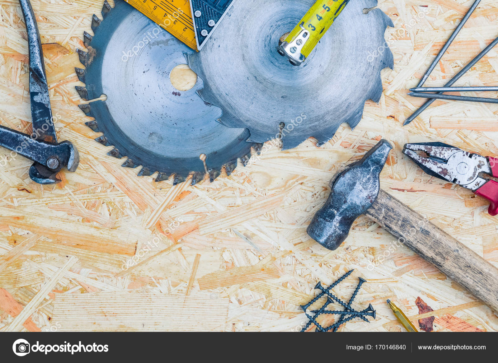 Tools set on osb panel with copy space. Carpenter workplace on wooden ...