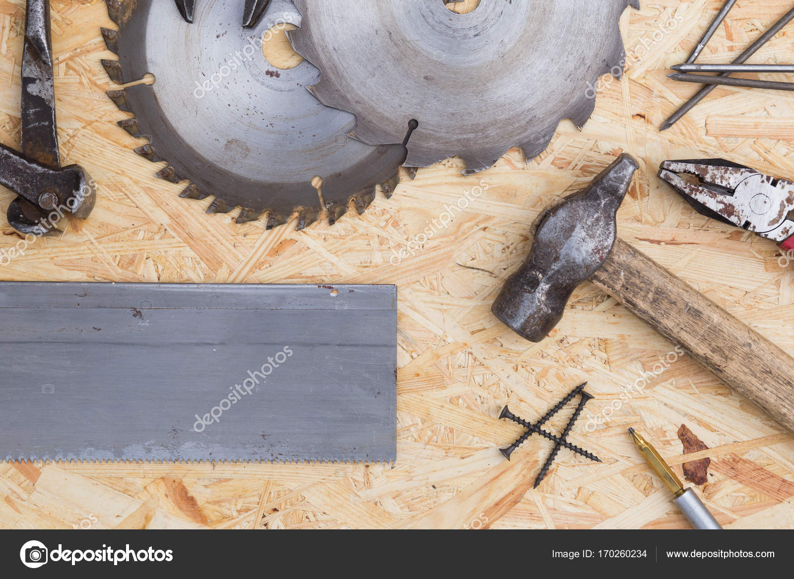 Tools set on osb panel with copy space. Carpenter workplace on wooden ...