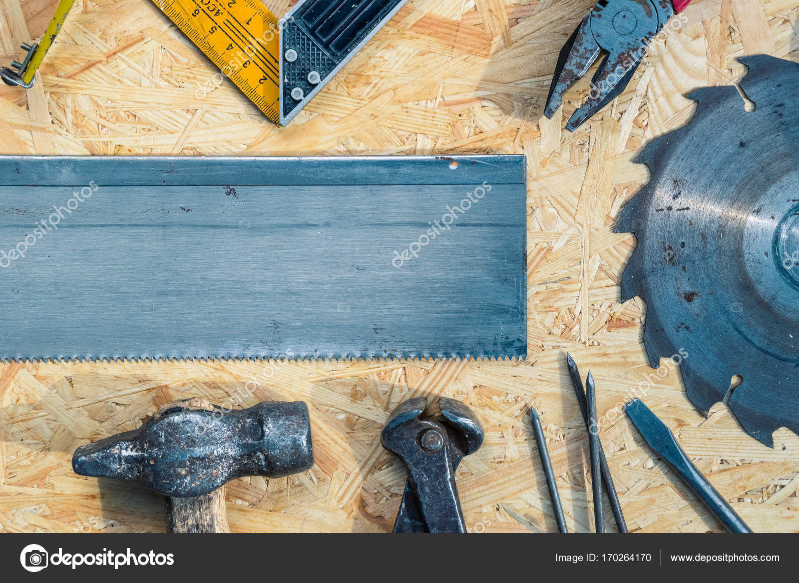 Tools set on osb panel with copy space. Carpenter workplace on wooden ...