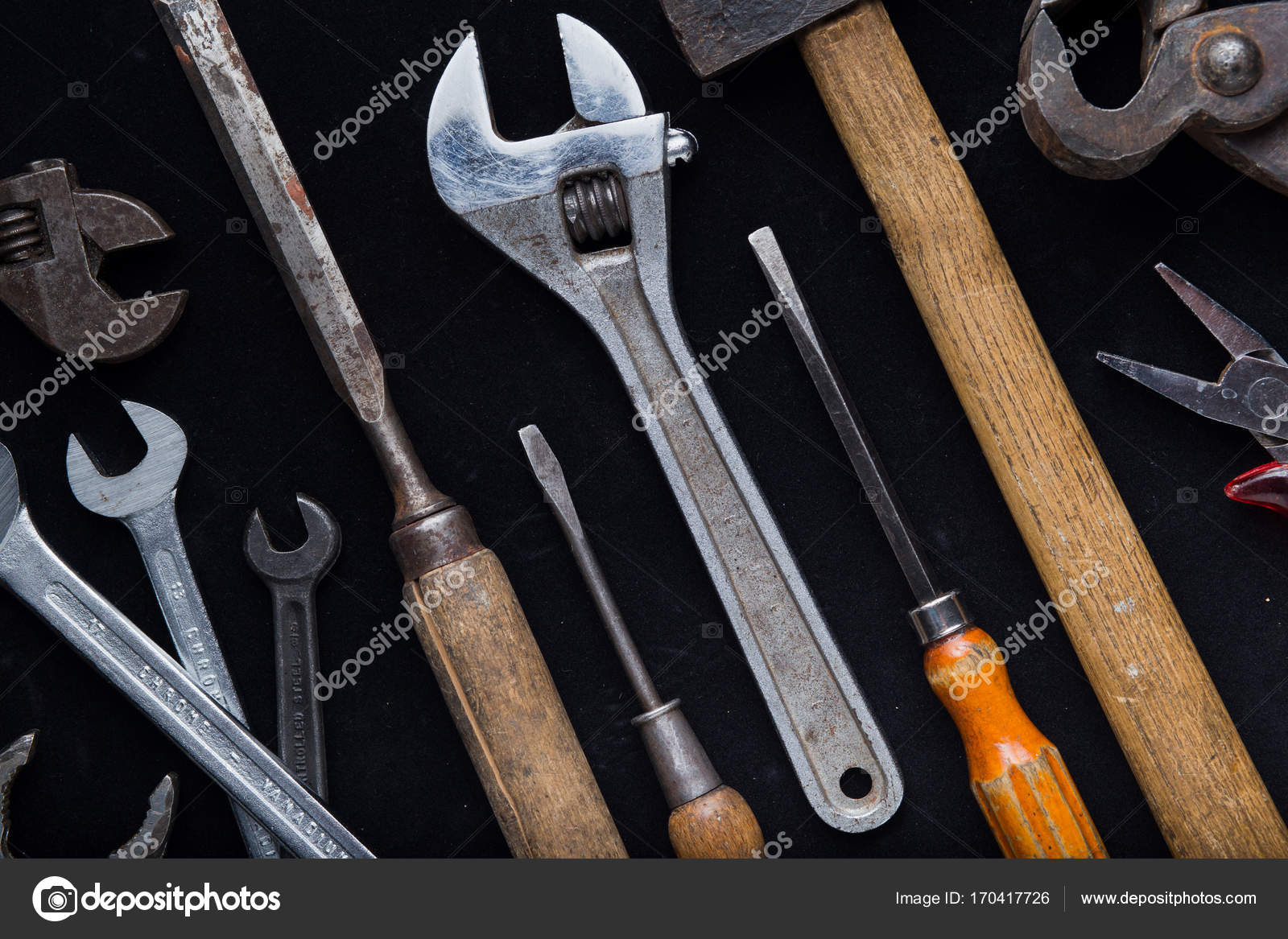 Construction tools set on dark background. Assortment instruments for ...