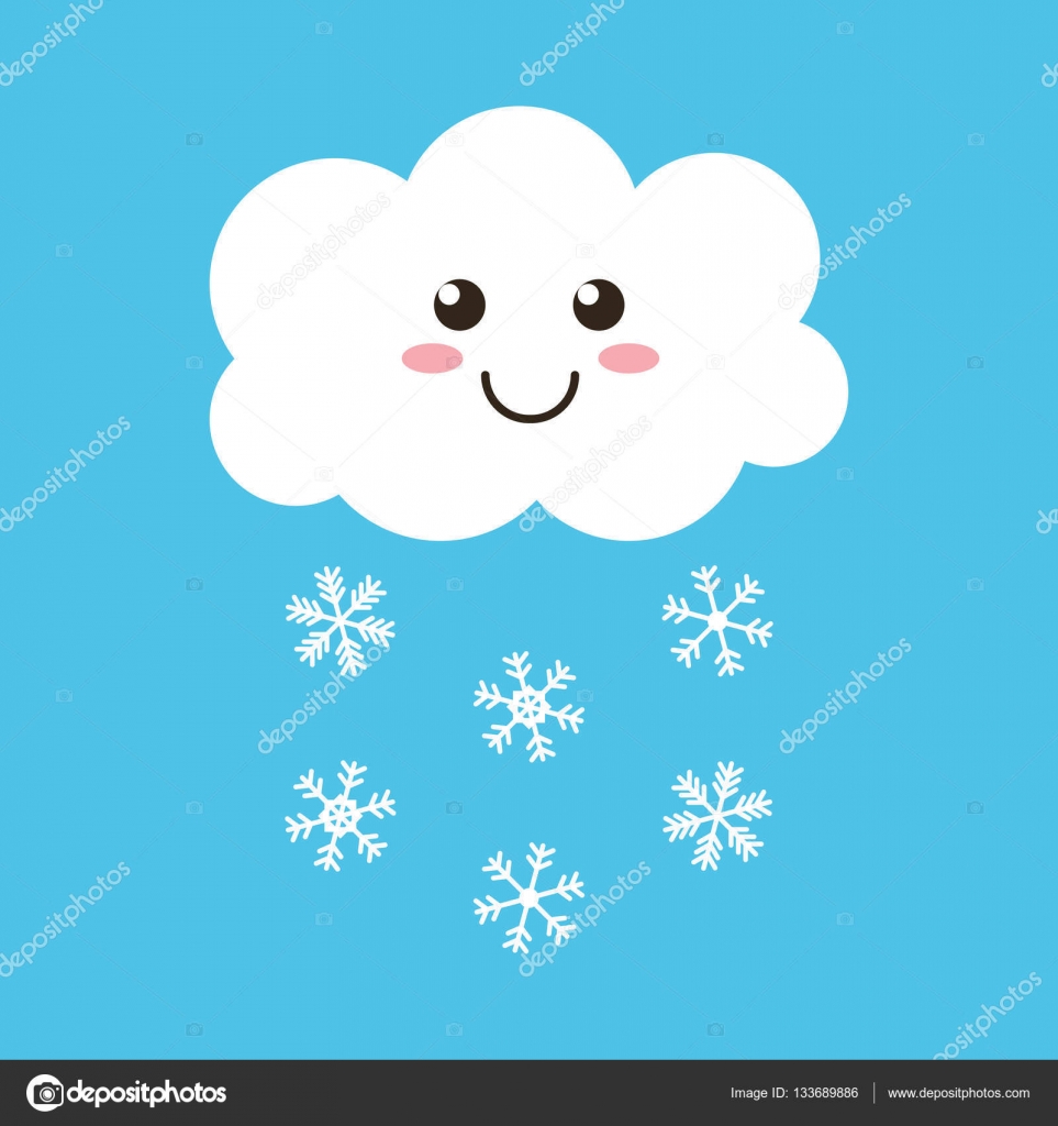 Cute happy cloud with snowflakes, winter weather icon on blue ...