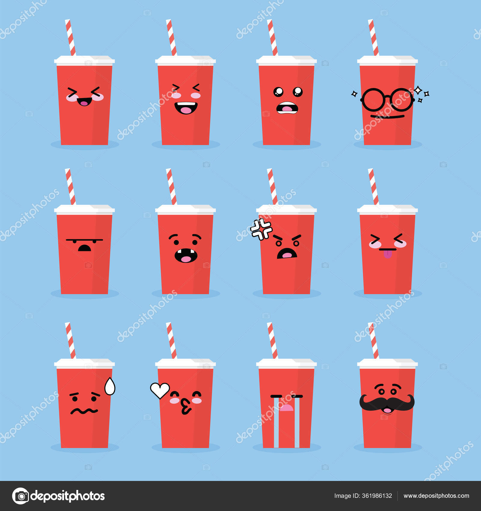 Smile Emoji Emoticon Face Soda Glass Lot Variation Stock Vector Image ...