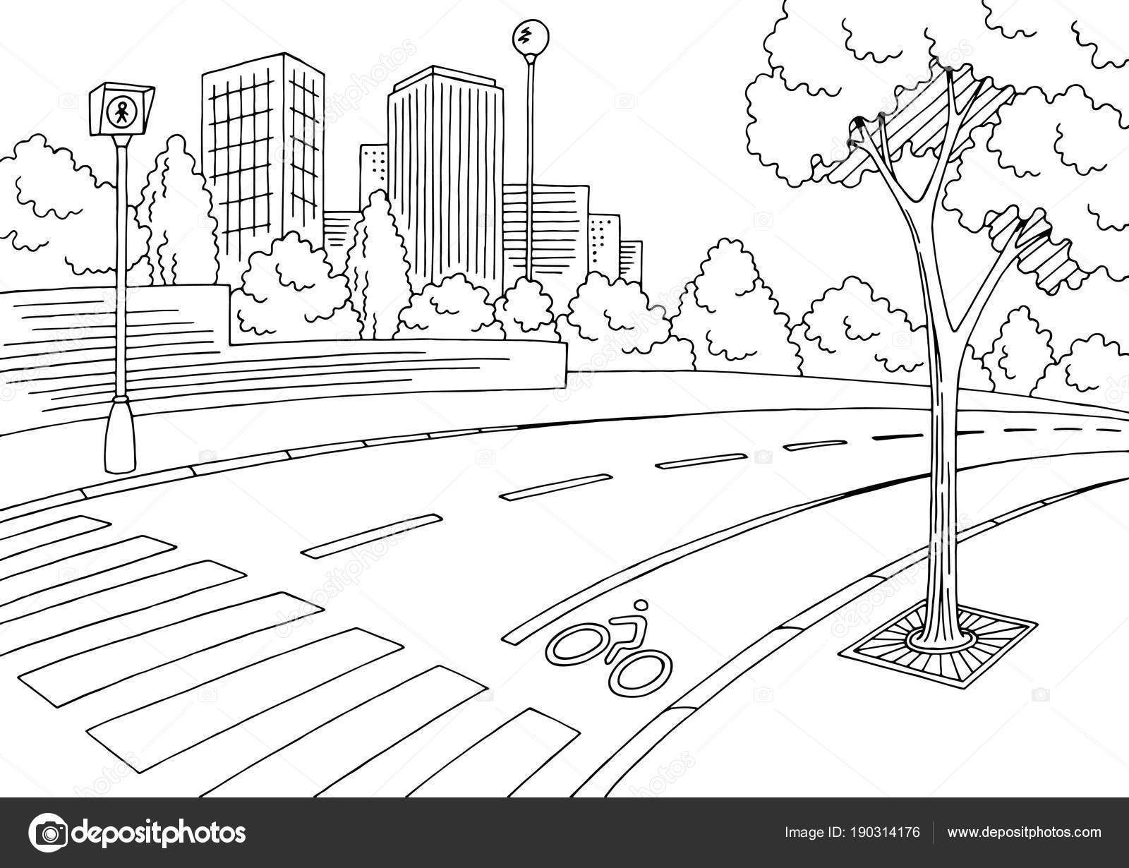 Street Road Graphic Black White City Landscape Sketch Illustration ...