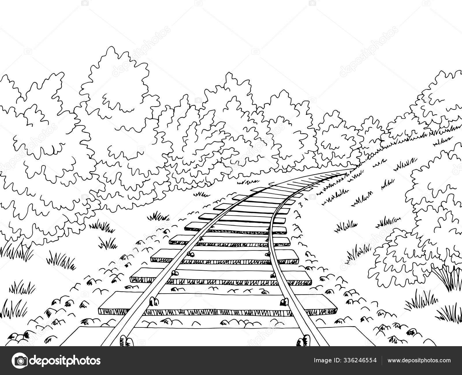 Railway Railroad Graphic Black White Sketch Landscape Illustration ...