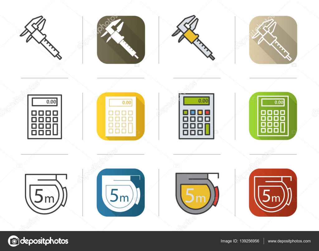 Engineering icons set. Flat design, linear and color styles. Caliper ...