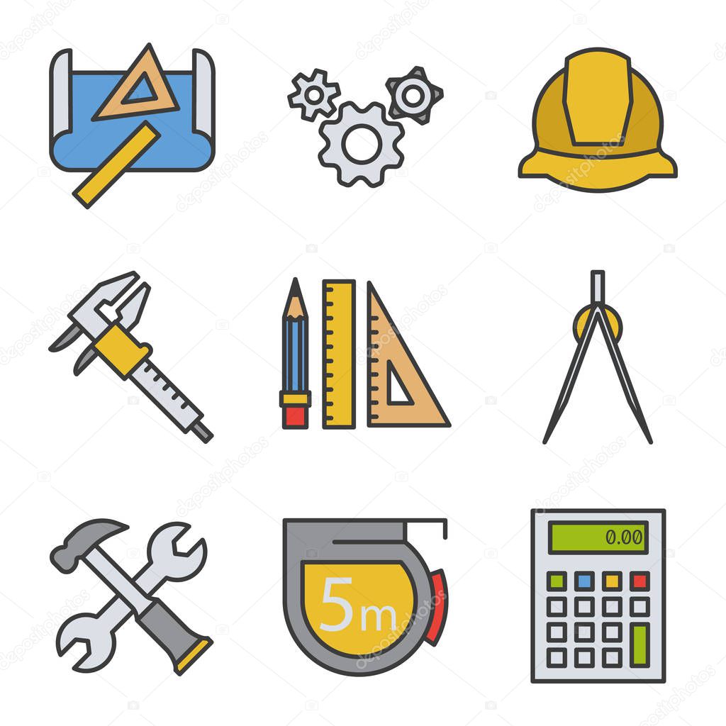 Engineering color icons set. Drawing, gears, helmet, caliper, divider ...