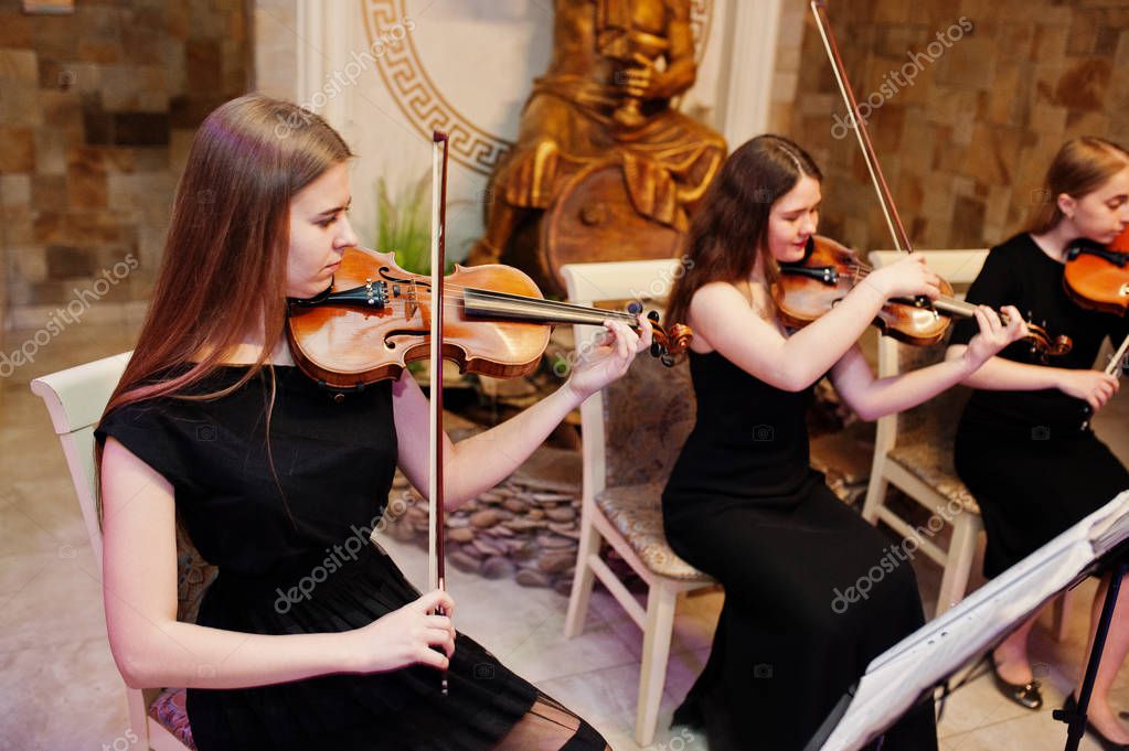 Cuarteto de cuerda tocando instrumentos en el restaurante en la boda 2022