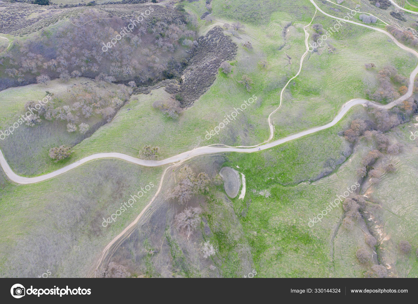 Seen Bird's Eye View Trails Meander Green Grassy California Hills Stock ...